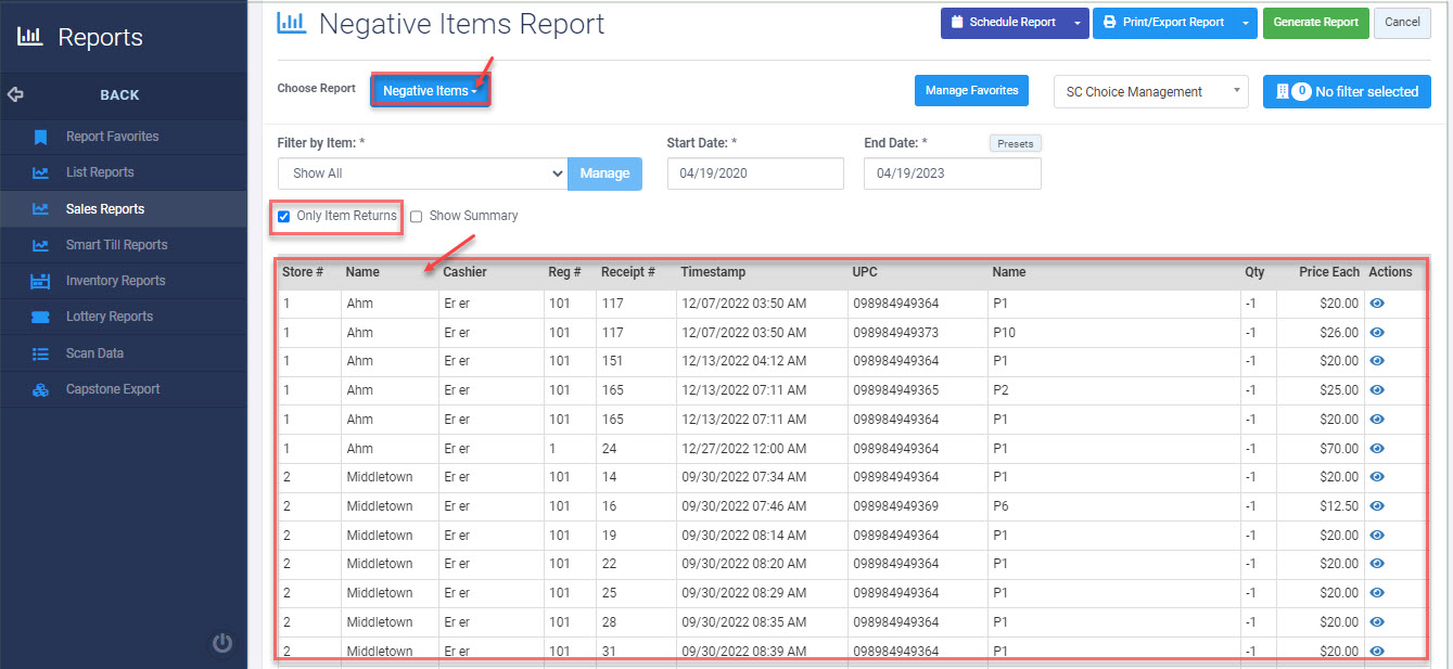 Negative Items Report