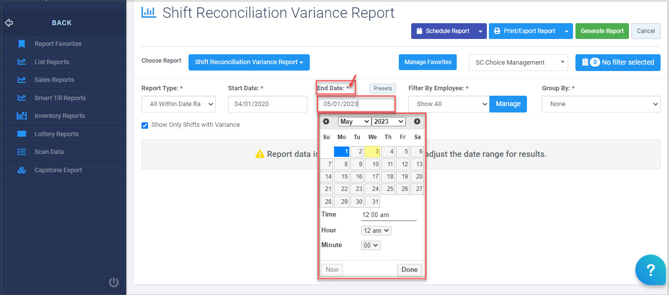 Shift Reconciliation Variance Report