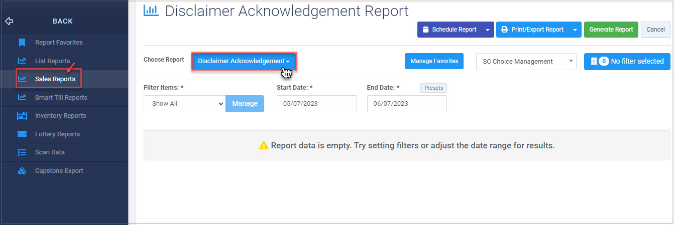 Disclaimer Acknowledgement Report