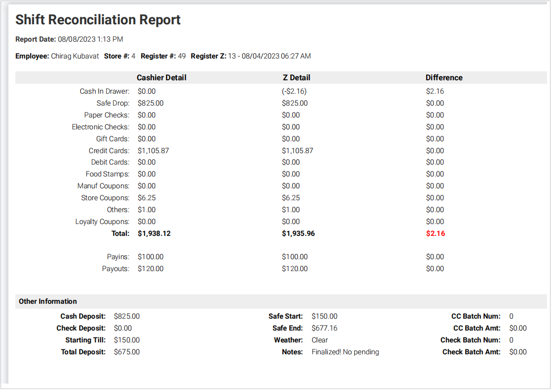 Shift Reconciliation